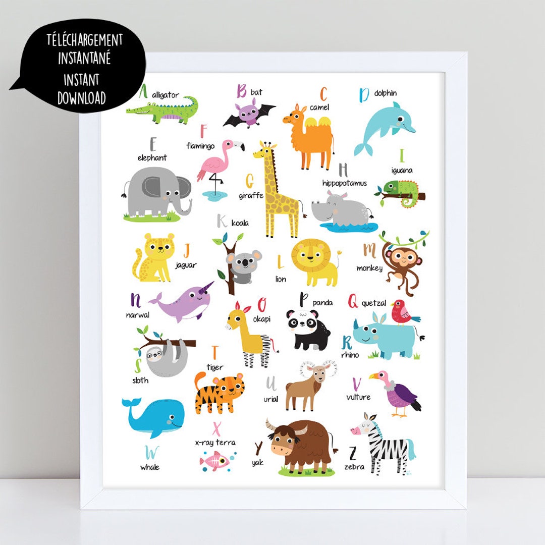 ENGLISH Animal Alphabet, Alphabet Print, Jungle Animal Print, Nursery ...
