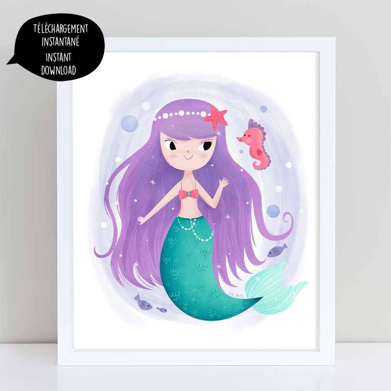 Purple Mermaid, Mermaid Illustration, Mermaid Print, Mermaid Digital ...