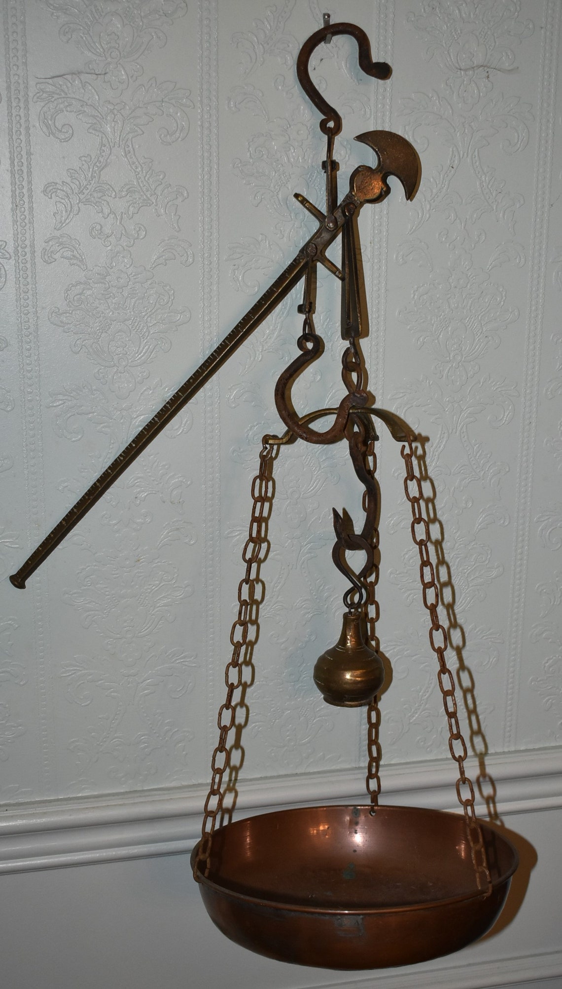 Antique Copper Brass and Iron Hanging Beam Scale with Pan and | Etsy