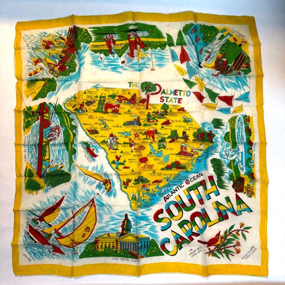 Vintage 1960s South Carolina Map Scarf Iconic State S… - Gem