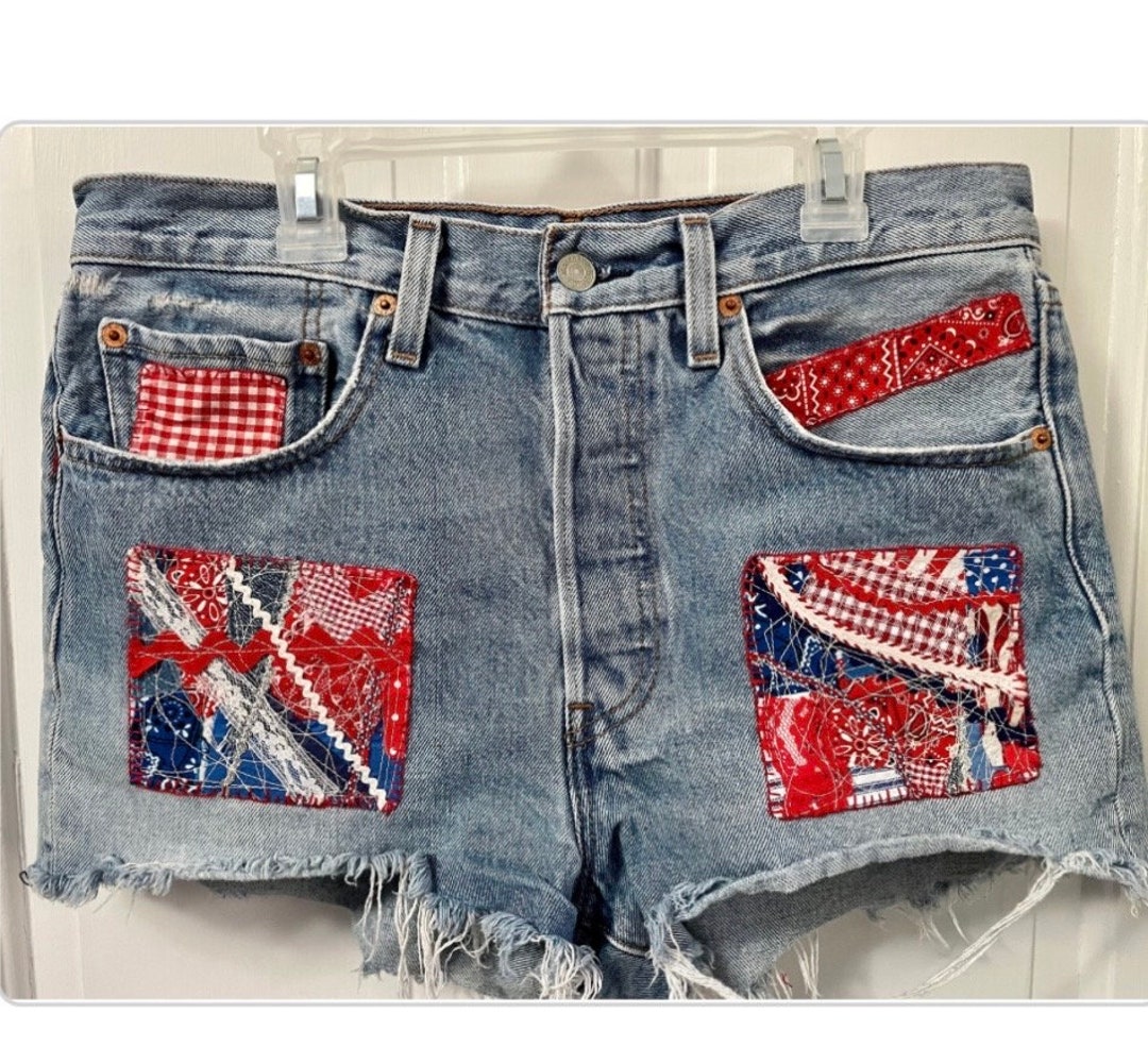 Upcycled Patched Cutoff Denim Shorts, Embellished W/hand Sewn Fabric ...