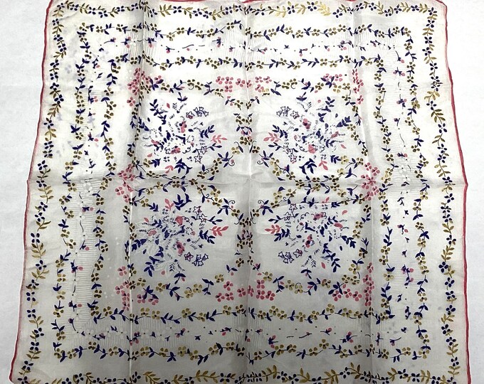 Vintage 1940s Small White Silk Handkerchief With Blue Gold Pink Floral ...