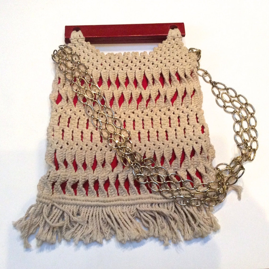 Vintage 1960s White Macrame Purse/handbag With Red Wood and - Etsy
