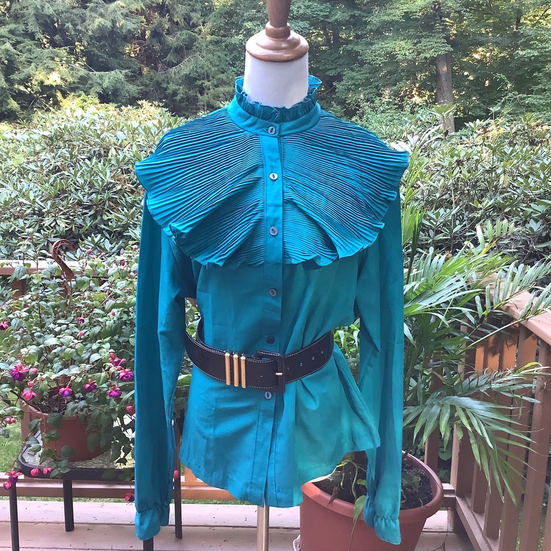 Vintage 1970s Crazy Huge Ruffle Front Teal Long Sleeve Polyester Blouse ...