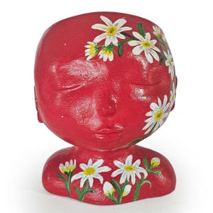 Female Head Planter With Hand Painted Daisy Flower, Red Pot for Plants ...