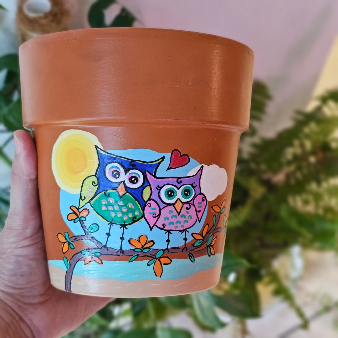 Plant Pot Hand Painted Planter Lover Owls Design Indoor Planter 6 ...