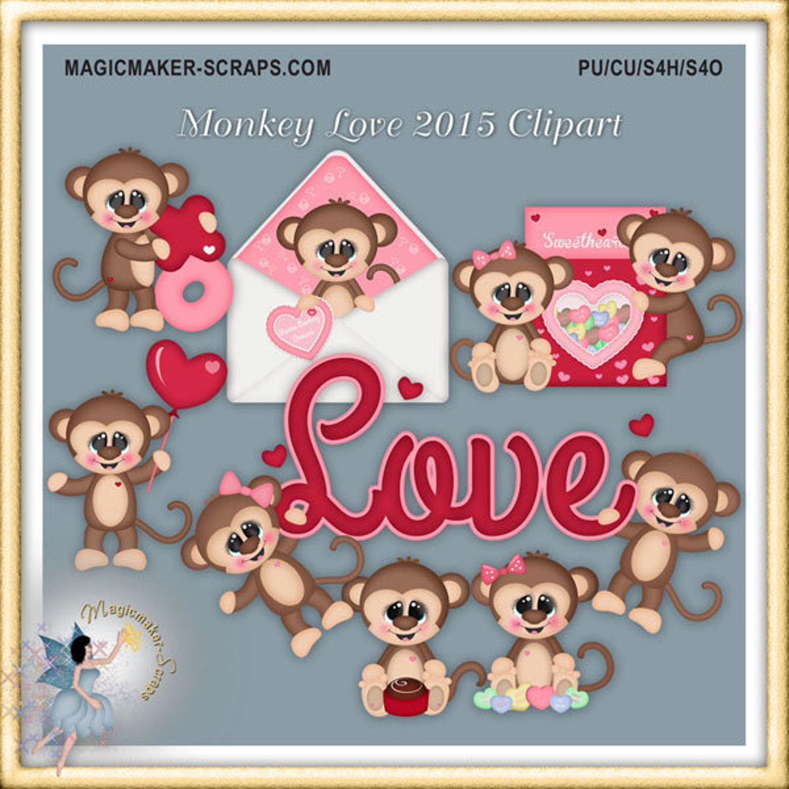 Valentine Love Monkey Clipart - Etsy