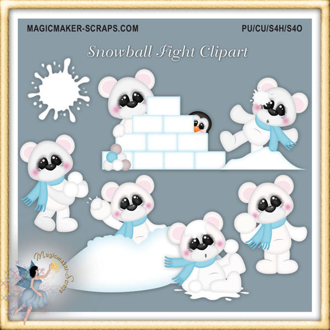 Winter Polar Bear Snowball Fight Clipart - Etsy