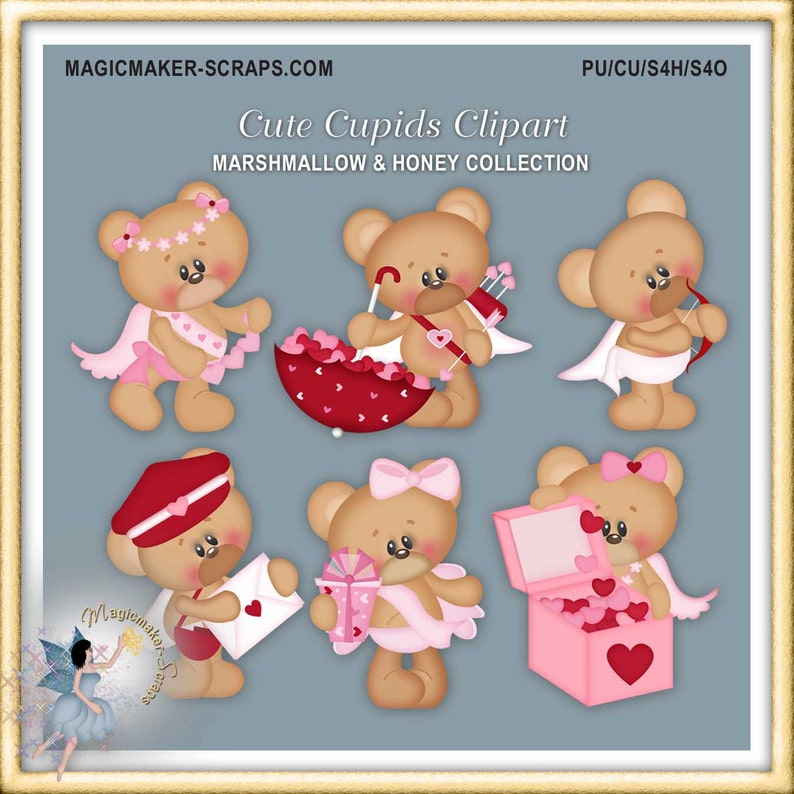 Valentines Clipart, Teddy Bear, Cute Cupids, Marshmallow and Honey - Etsy
