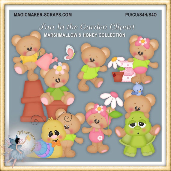 Spring Clipart Summer Teddy Bear Fun in the Garden | Etsy