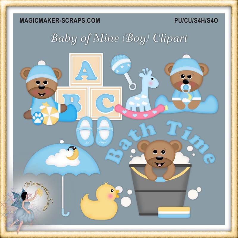 Baby Boy Teddy Bear Clipart, Blue, Digital Scrapbook Elements for ...