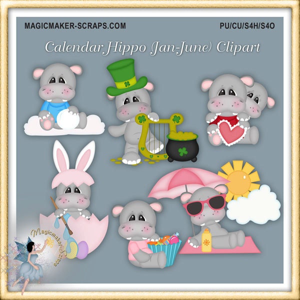 Calendar Hippo Clipart january-june - Etsy