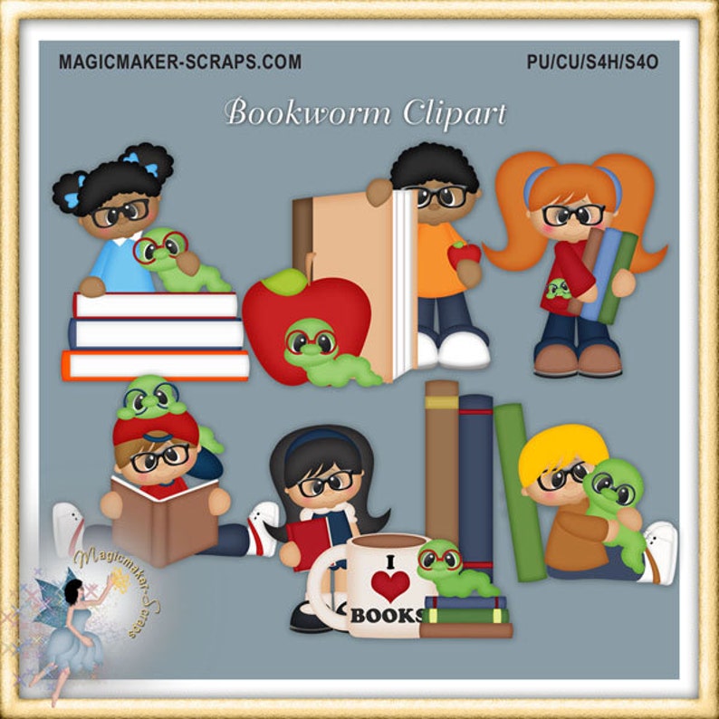 Bookworm Clipart, Reading, School Kids - Etsy