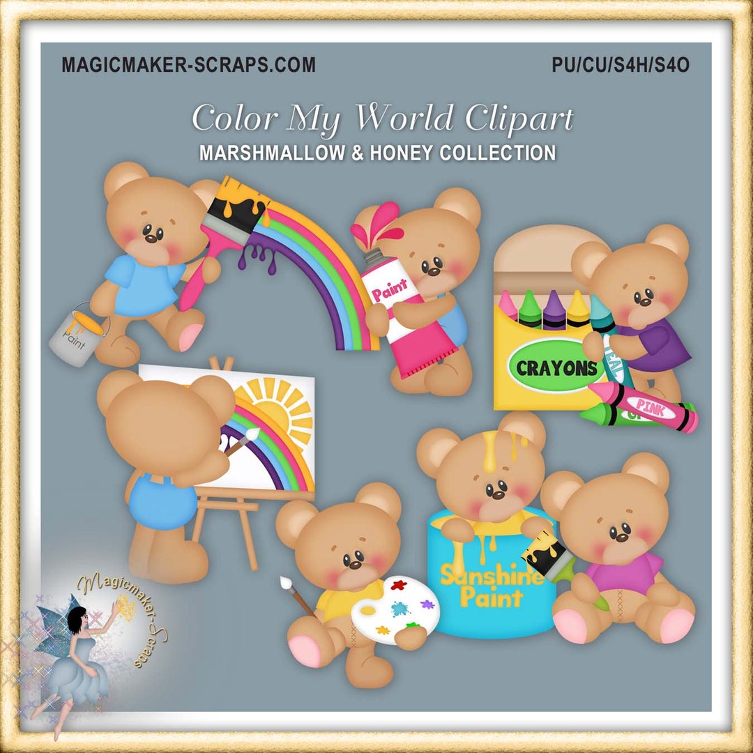 Crayons Clipart Teddy Bear Art Painting Color My World - Etsy