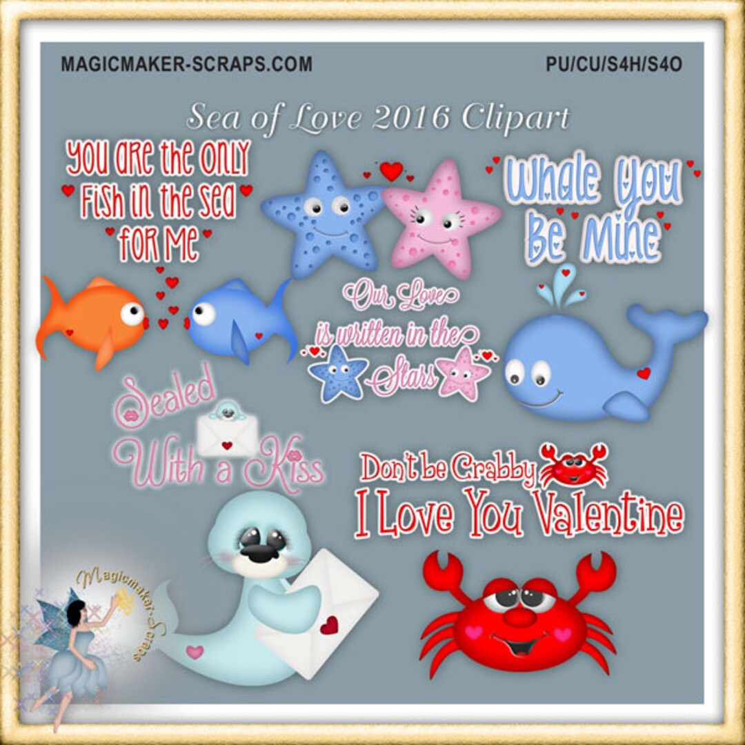 Valentine's Day Clipart, Whale, Crab, Starfish, Seal, Fish, Sea of Love ...
