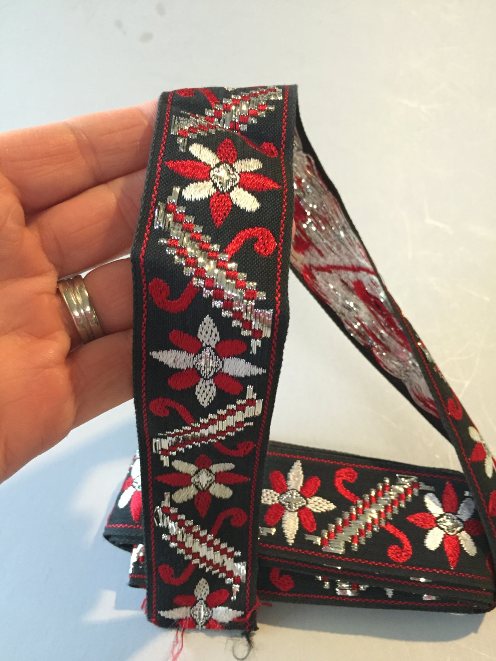 BLACK and RED Sew in TRIM Embroidered Trim Black Red Silver - Etsy