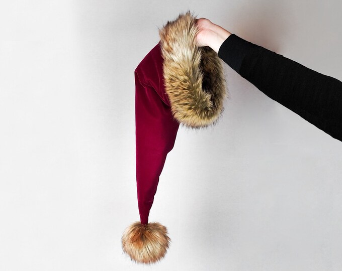 Extra Long Burgundy Wine Velvet Luxe Santa Hat, Luxury Velvet and Faux ...