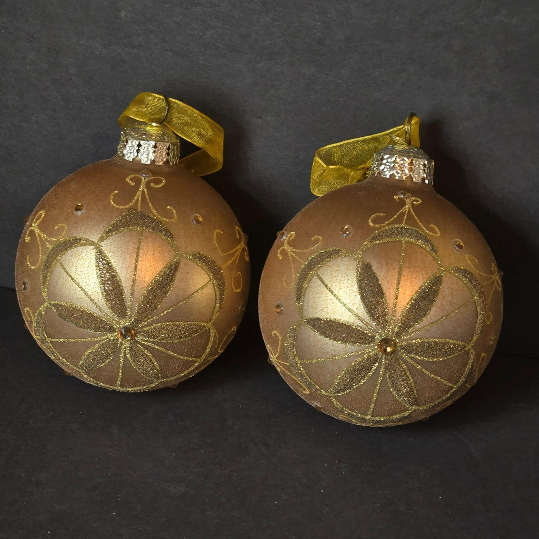 Frontgate Gold Glass Ornaments Set of 2 Glitter Flower Burst Design ...
