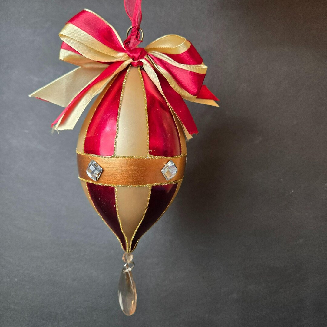 Frontgate Red Gold Drop Ornament With Ribbon and Crystal Accent 8 ...
