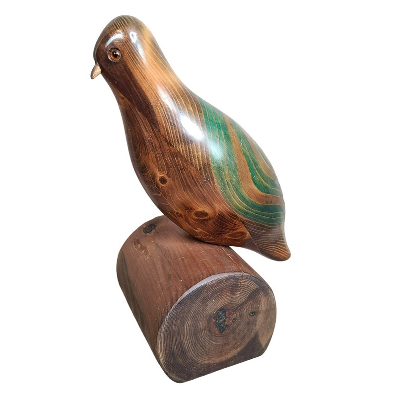 Hand Carved Two-tone Wood Perched Quail Bird Figurine on Wooden Log 11 ...