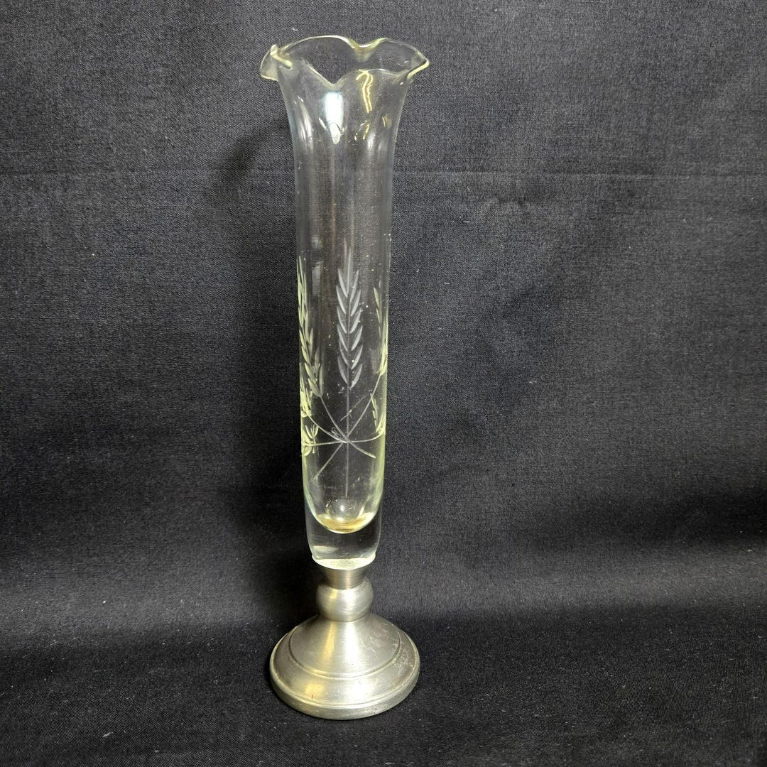 Vintage WEB Pewter & Etched Ruffled Glass Bud Vase Wheat Design 7.5 ...