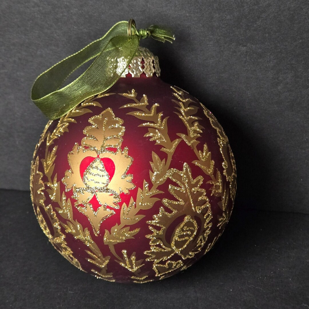 Frontgate Red Gold Glass Christmas Ornament 4" Baroque Leaf Scroll ...