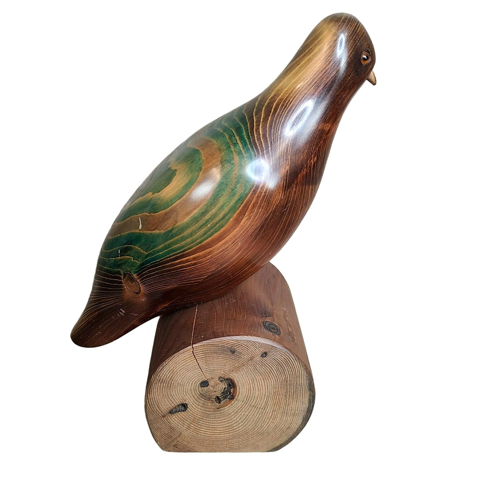 Hand Carved Two-tone Wood Perched Quail Bird Figurine on Wooden Log 11 ...
