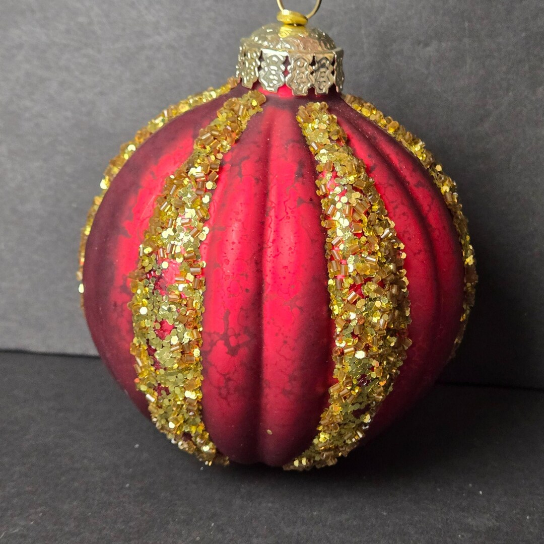 Frontgate Red Gold Glass Christmas Ornament 4" Beaded Ribbed Luxury ...