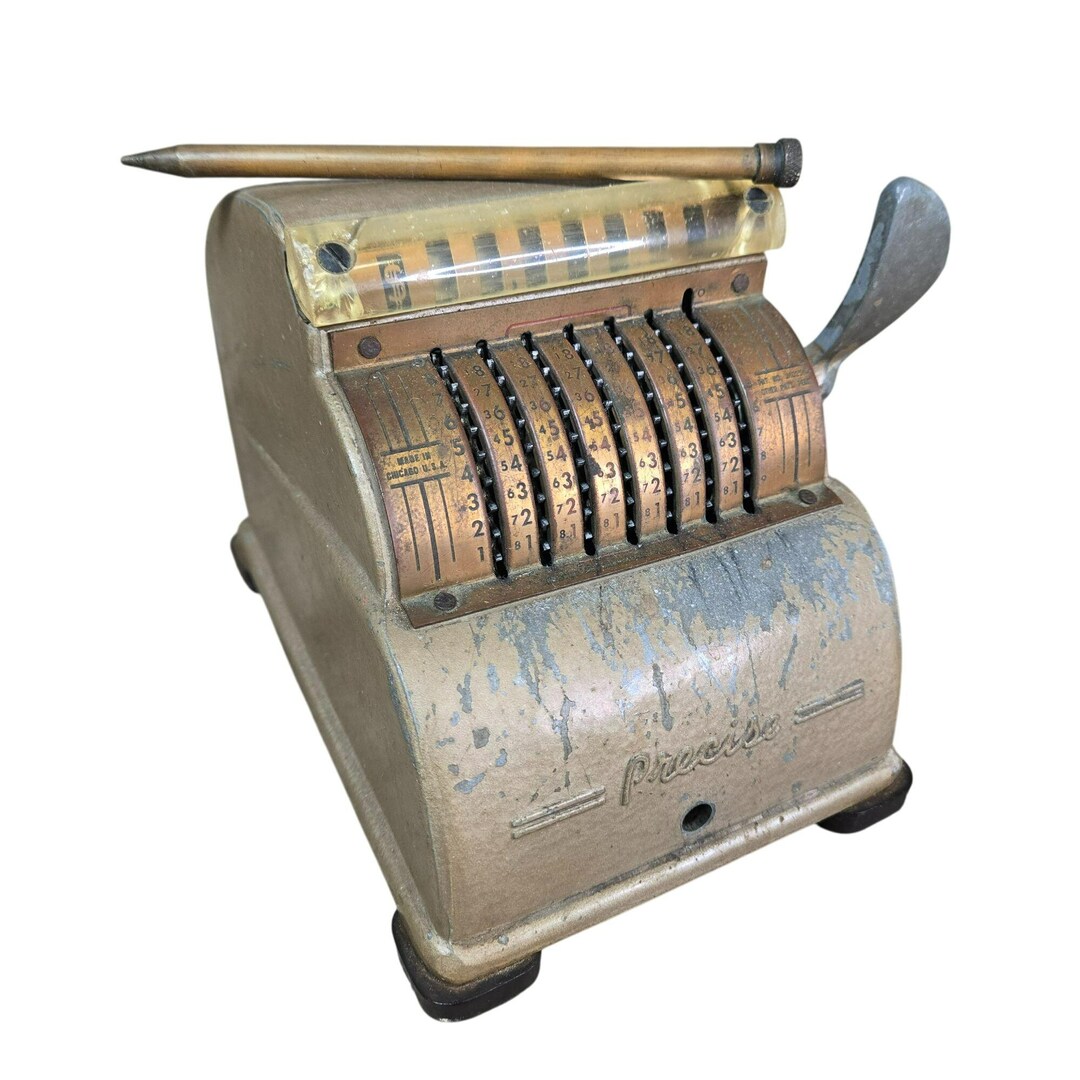 Vintage Precise Mechanical Adding Machine With Lever Handle & Stylus 5. ...