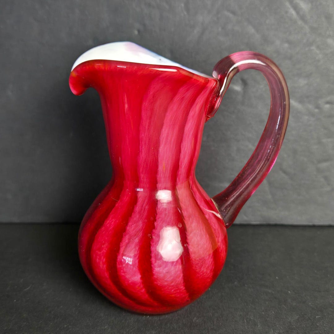 Handblown Glass Red Swirl Cruet Mini Pitcher Vase White Interior Clear ...