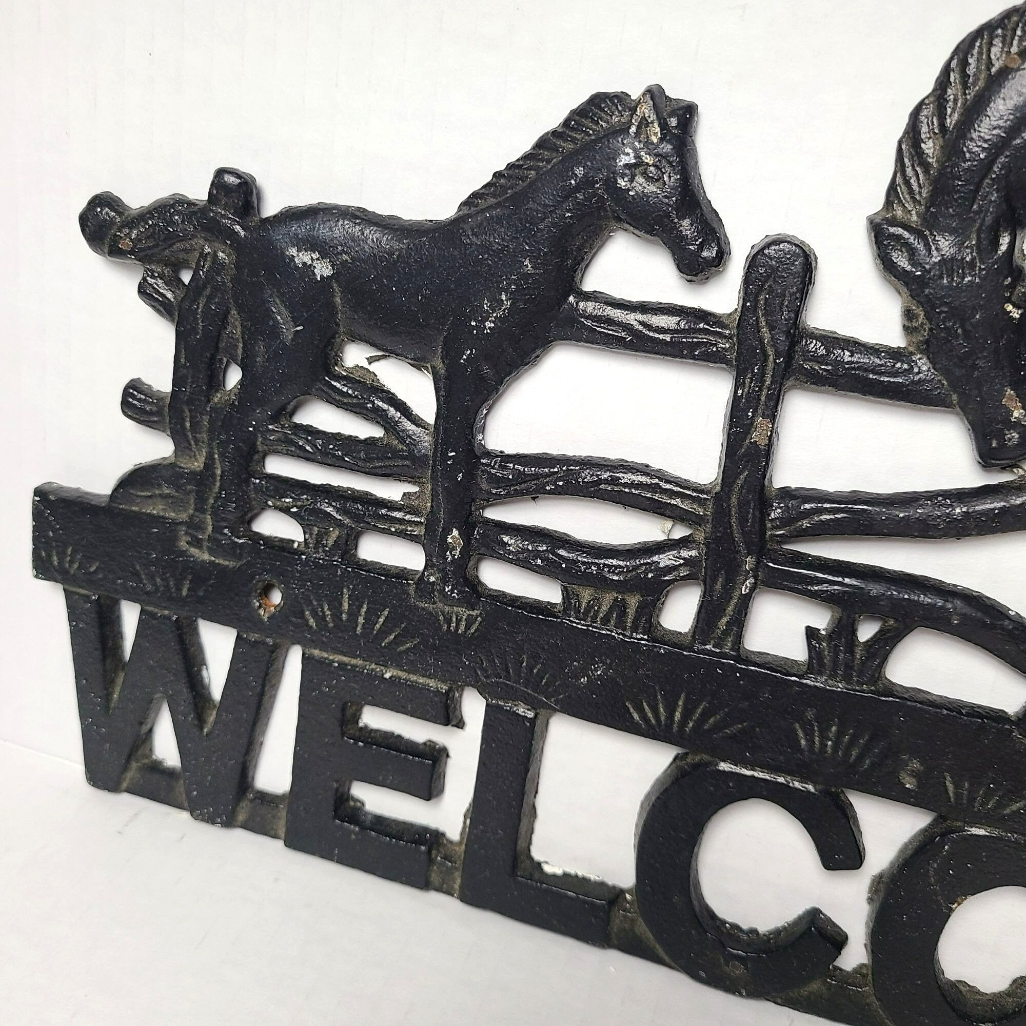 Cast Iron Horse Mare Foal WELCOME Sign Wall Garden Decor Rustic Ranch ...