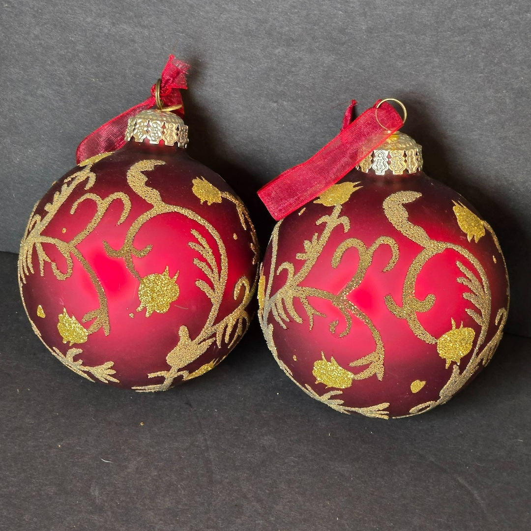 Frontgate Red Glass Christmas Ornaments Set of 2 Gold Scroll Glitter ...