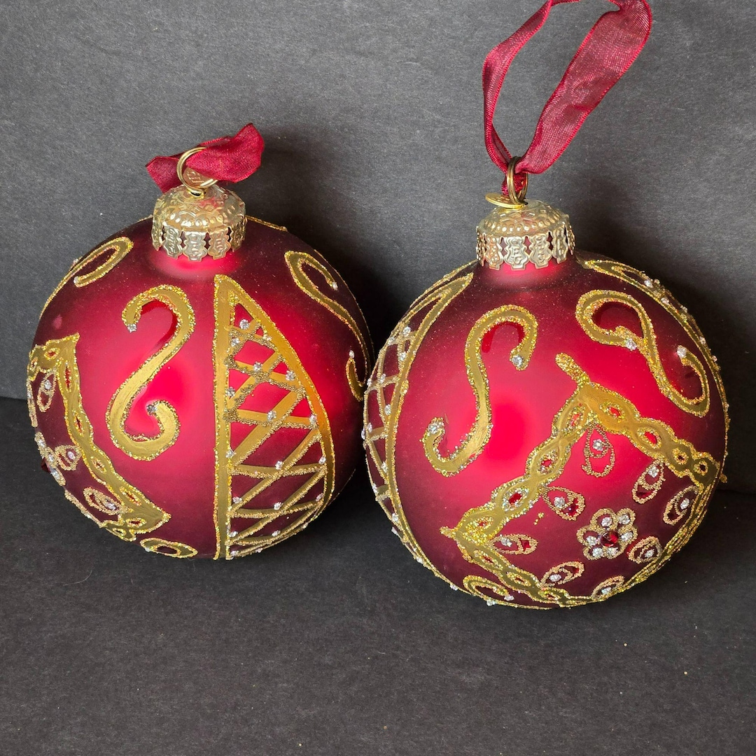 Frontgate Red Glass Christmas Ornaments Set of 2 Gold Jeweled Scroll ...