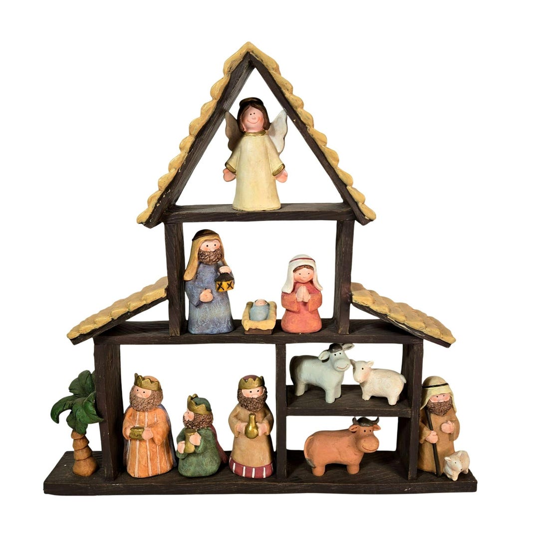 Hand-painted Resin Nativity Set Angel Holy Family Wise Men & Animals ...