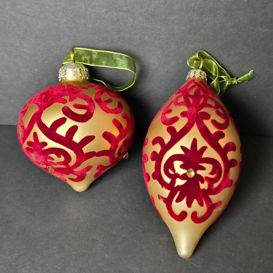 Frontgate Red Velvet Flocked Glass Ornaments Set 4" & 5" Gold Holiday ...