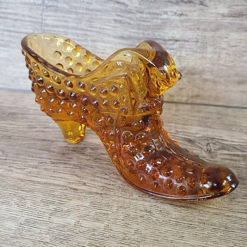 Vintage Amber Glass Hobnail Cat Head Glass Boot Bootie Slipper Unmarked ...