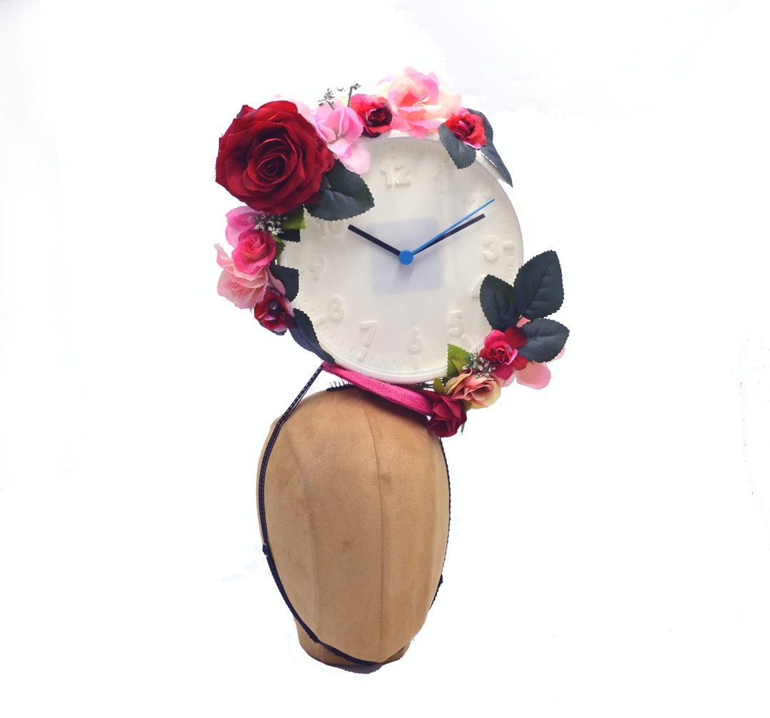 Surrealist Floral Working Ticking Clock Garden Headpiece Pink Red Roses ...