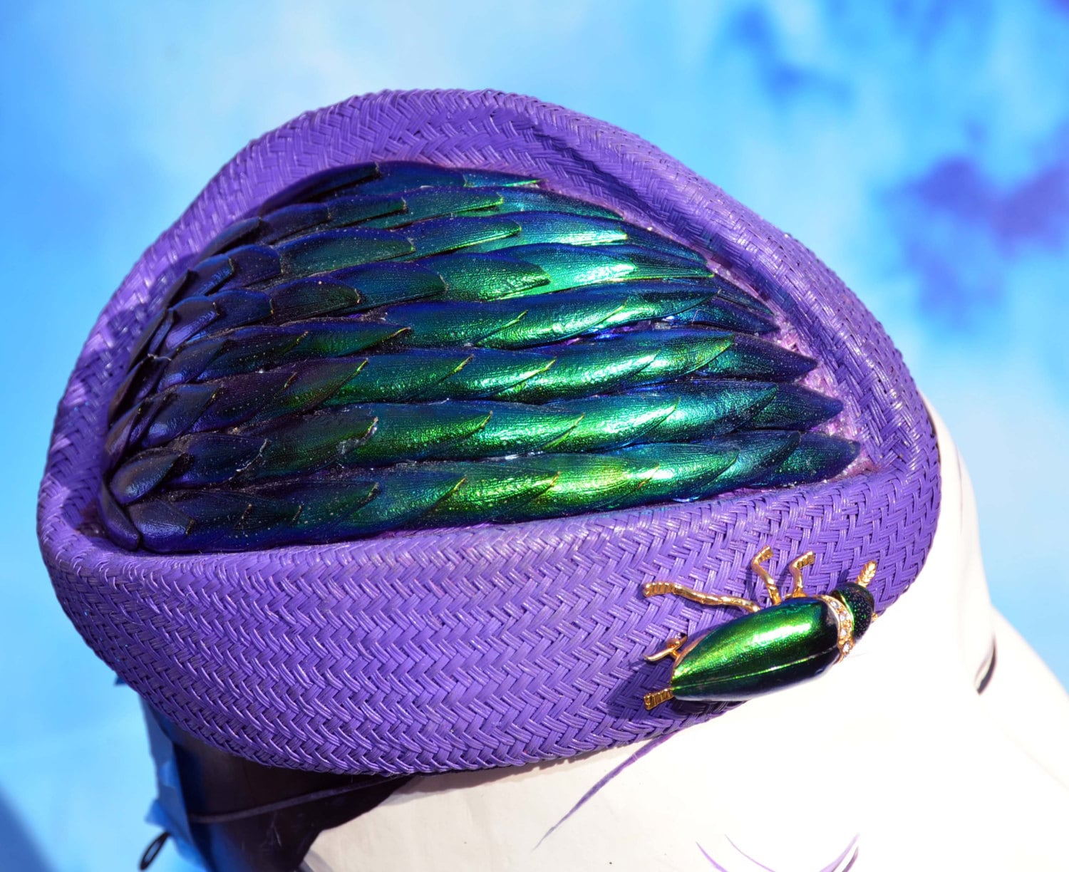 Beetle Wing Fascinator Hat: Purple Straw Percher With Jewel Beetle ...