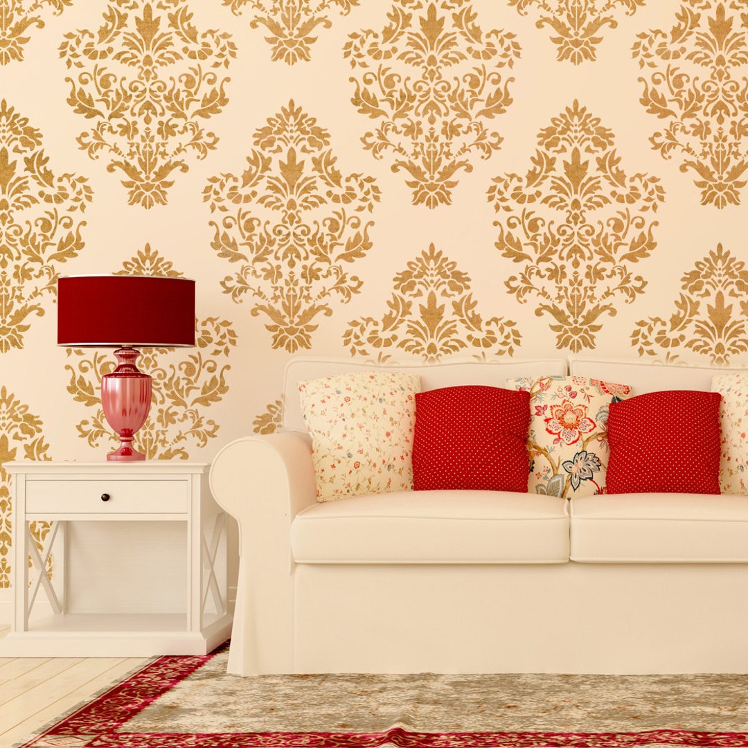 Damask Wall Stencil Pattern Ludovica for DIY Home Decor, Wallpaper Look ...