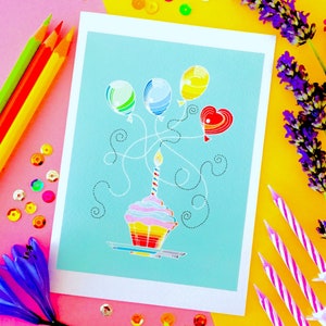 Party Cupcake and Balloons Birthday Card Anniversary Card. | Etsy