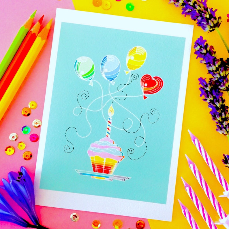 Party Cupcake and Balloons Birthday Card Anniversary Card. | Etsy