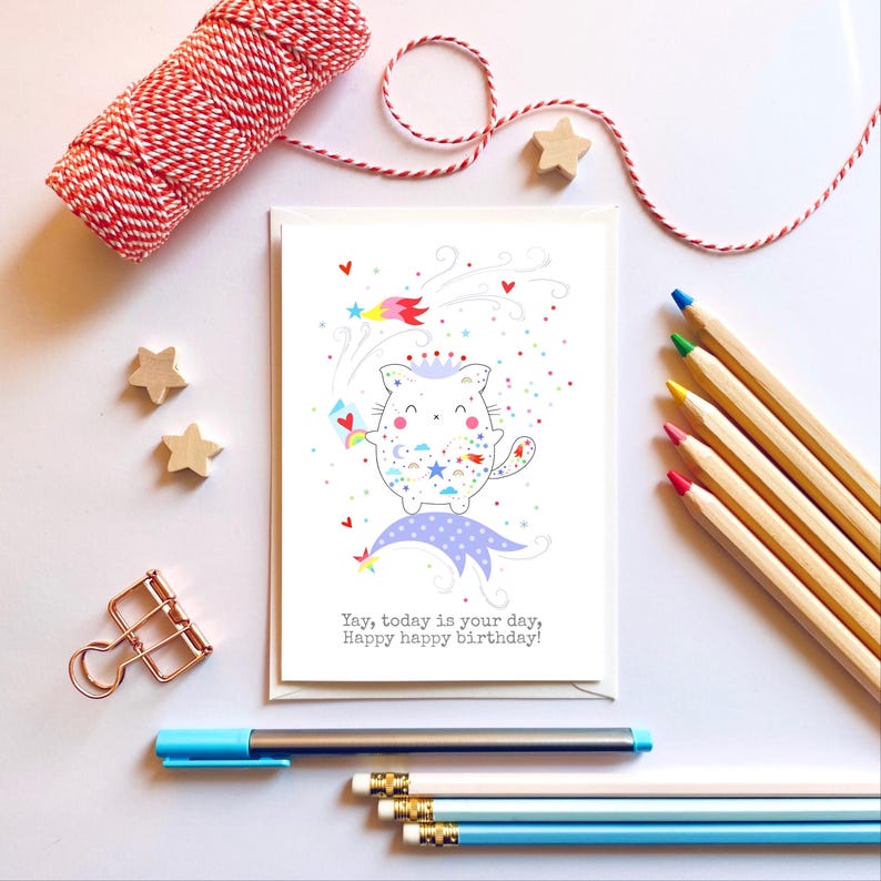 Cute Cat and Confetti Birthday Card. Yay, Today is Your Day, Happy ...