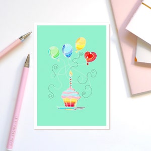 Party Cupcake and Balloons, Birthday Card, Anniversary Card. - Etsy