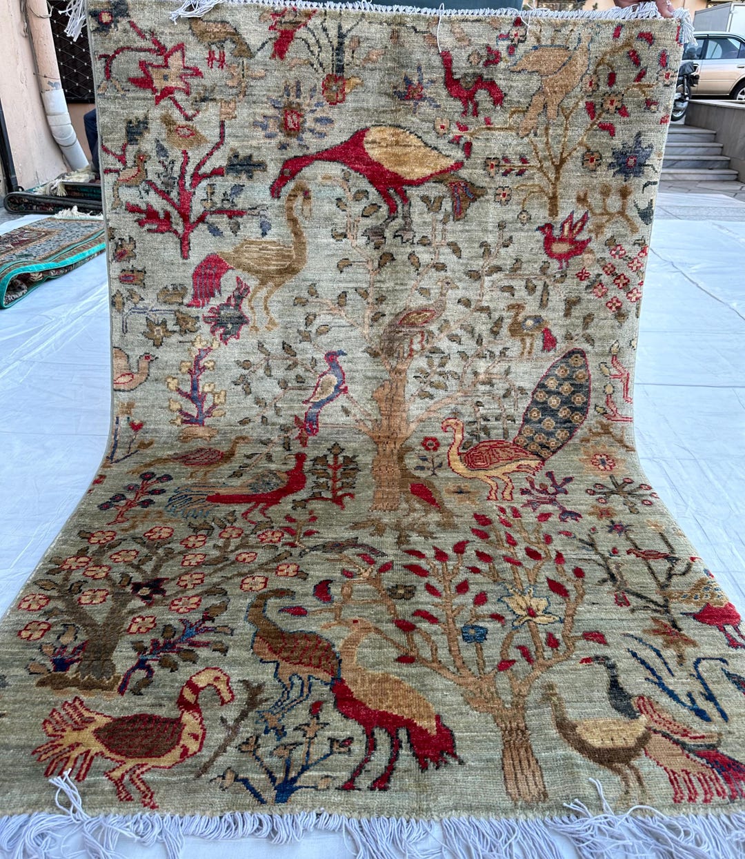 Beige Red Tree of Life 100x150 Rug, Oriental Turkmen Fine Quality Hand ...