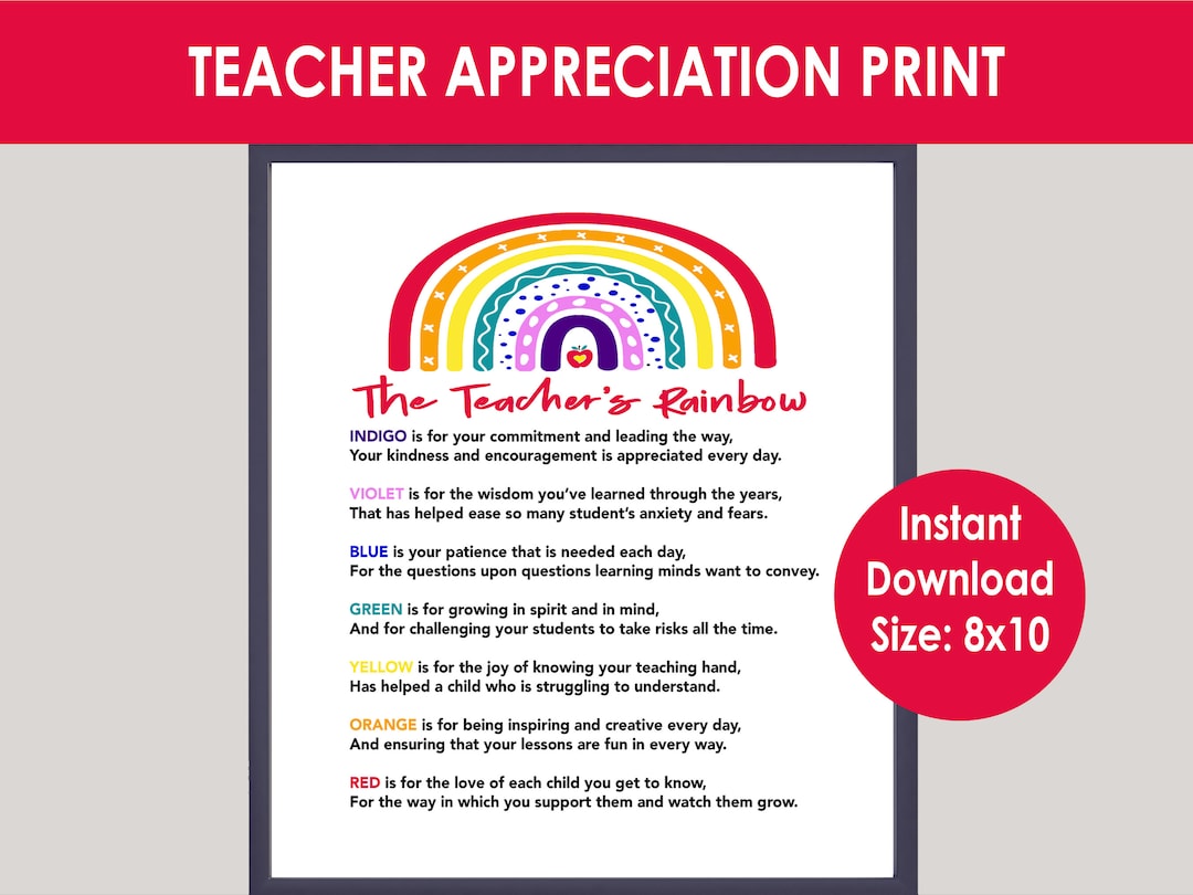 Teacher Rainbow Poem, Elementary Teacher Appreciation Printable ...