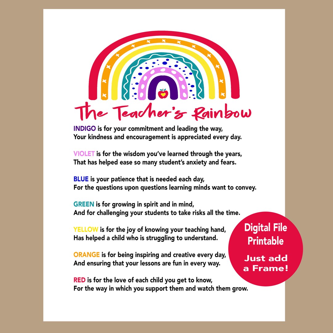 Teacher Rainbow Poem, Elementary Teacher Appreciation Printable ...