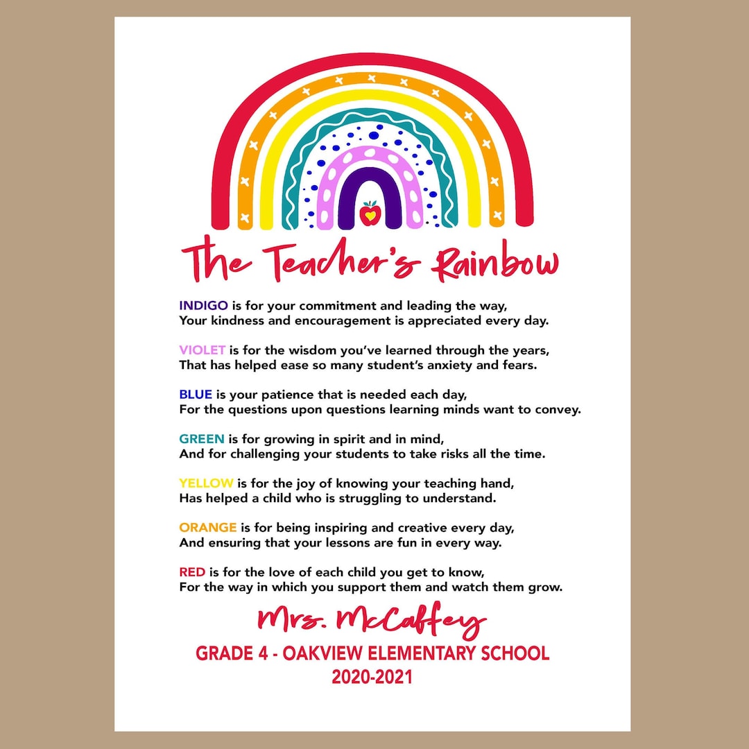 Teacher Rainbow Poem, Teacher Appreciation Gift Sign Printable, Teacher ...