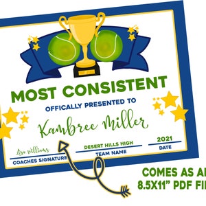Tennis Team Awards, Editable PDF File, Tennis Certificates, End of ...