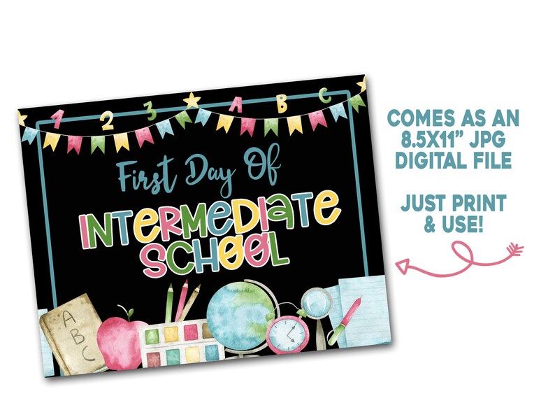 First Day of Intermediate School, Intermediate School Sign Instant ...