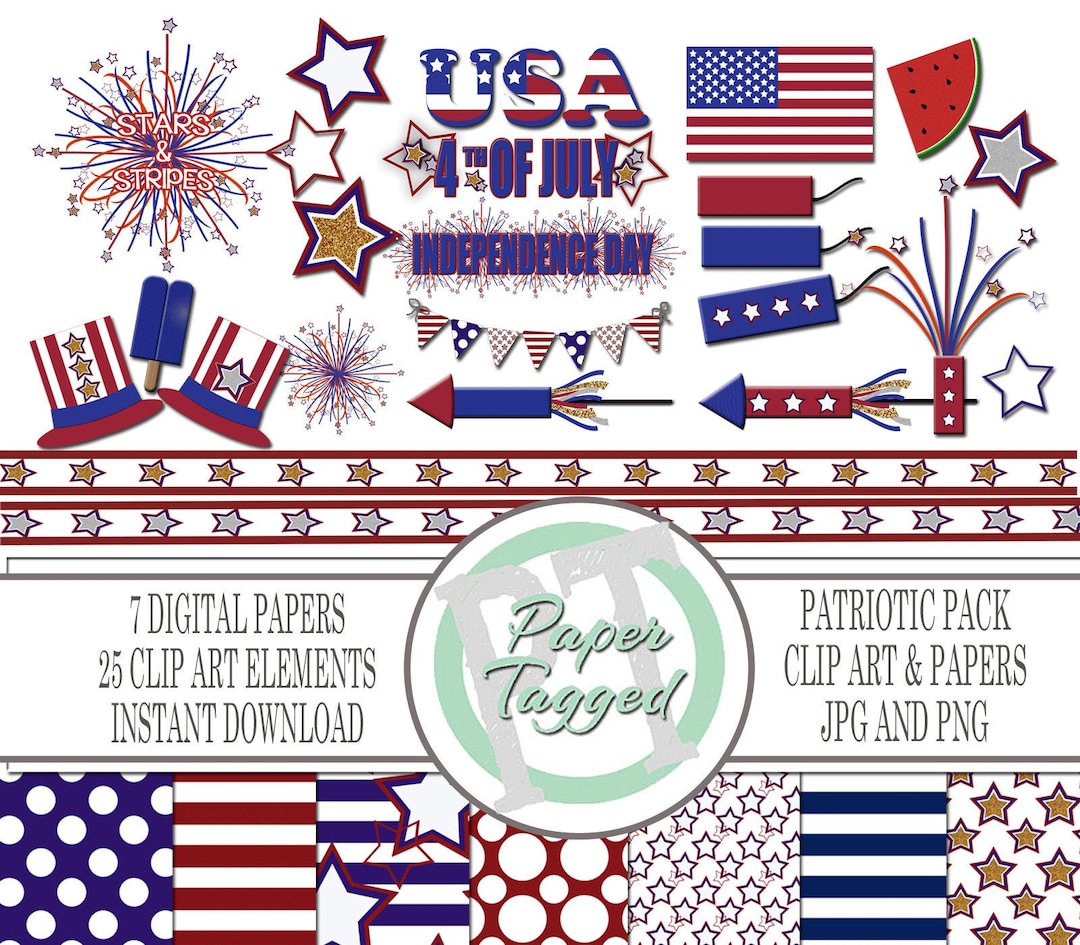 Patriotic Digital Clip Art and Paper Pack, 25 Clip Art Elements, 7 12 X ...